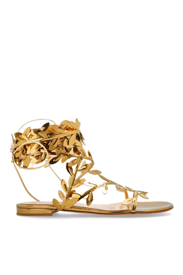 GIANVITO ROSSI Flat Leather Sandals With Leaf Motif - Gold