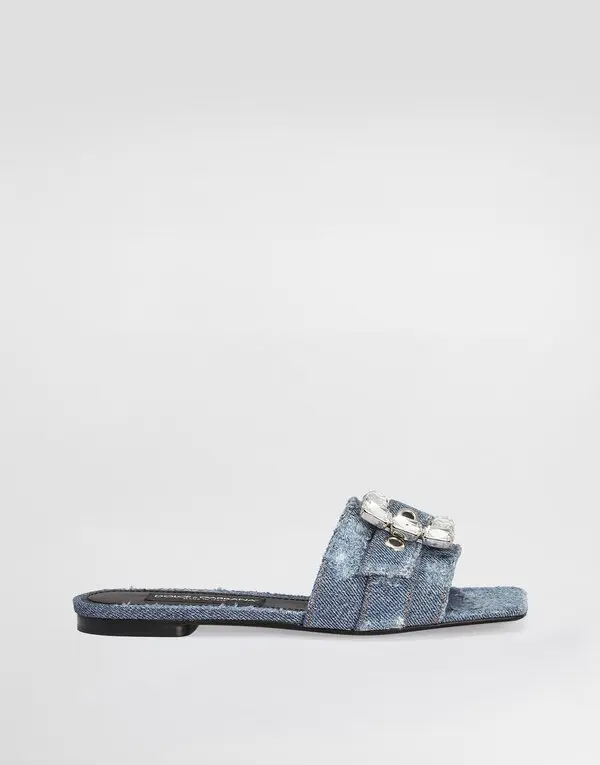 Dolce & Gabbana Patchwork Denim Slides With Rhinestone Buckle