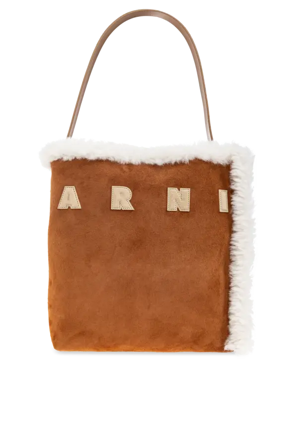 Marni Leather Shopper Tote With Fur Trim