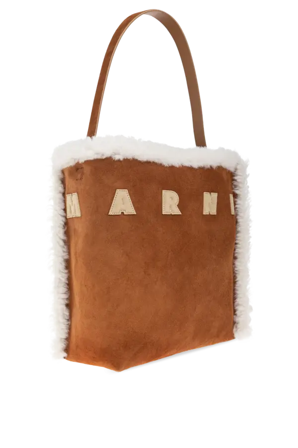 Marni Leather Shopper Tote With Fur Trim