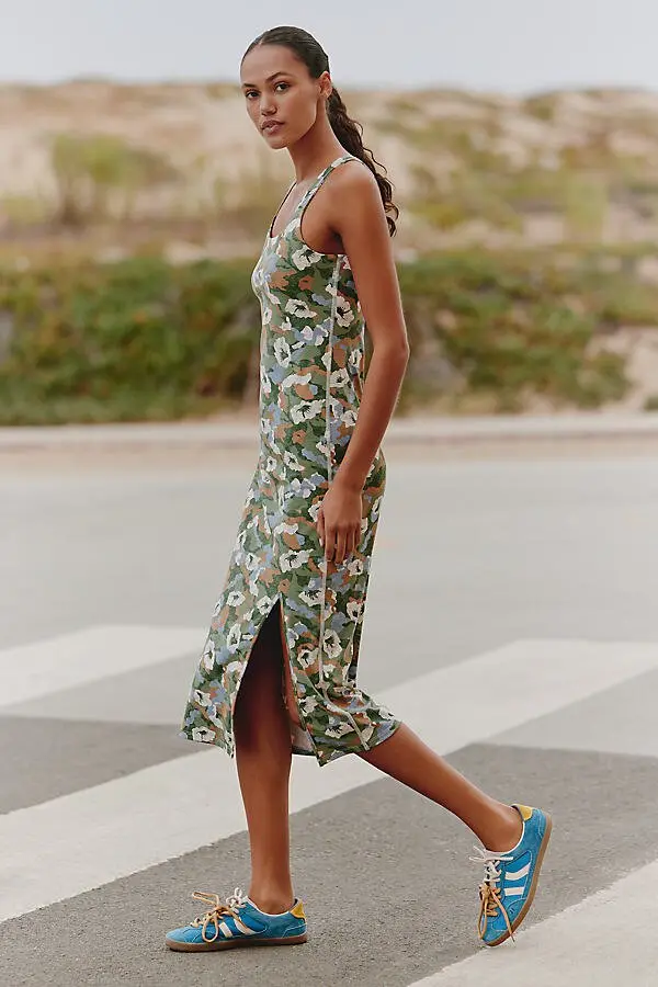 knee length dresses for ladies puff sleeve floral square neckline midi dress in green – Bella Galvan