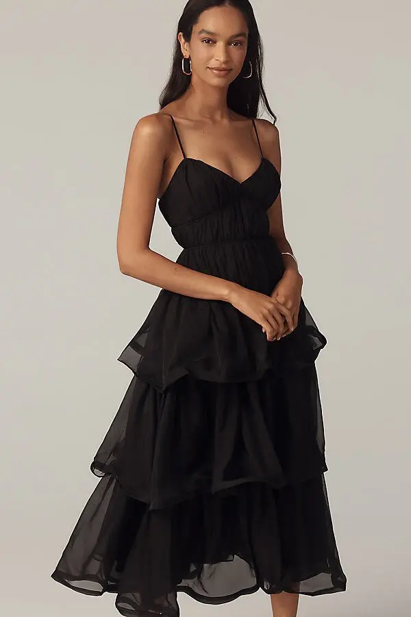 fitted lace wedding dress Tiered Ruffle Maxi Dress (Black) Medium / Black