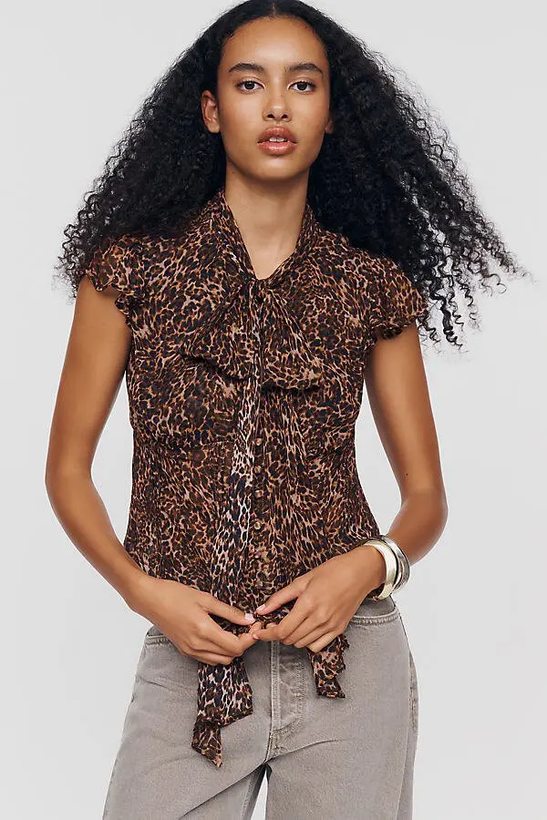 Anthropologie Sheer Tie-neck Blouse - Leopard