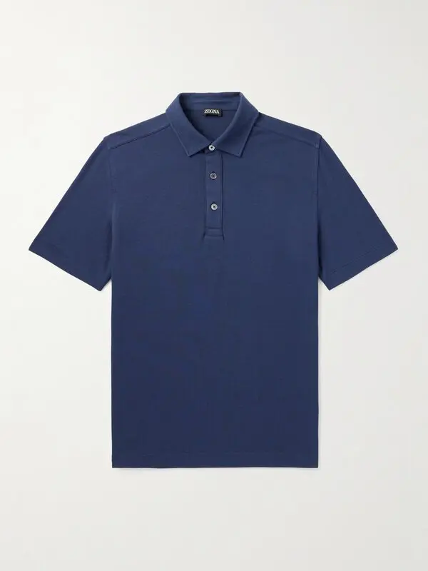 Zegna Leather-trimmed Cotton-piqué Polo Shirt - Blue
