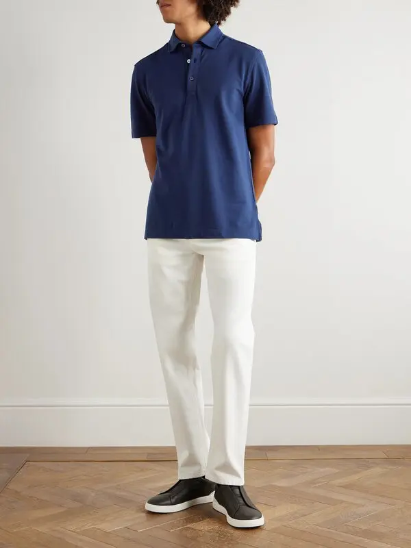 Zegna Leather-trimmed Cotton-piqué Polo Shirt - Blue