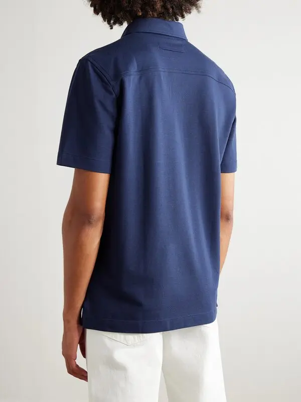 Zegna Leather-trimmed Cotton-piqué Polo Shirt - Blue