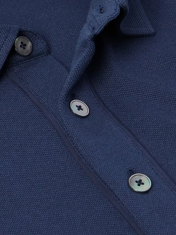 Zegna Leather-trimmed Cotton-piqué Polo Shirt - Blue