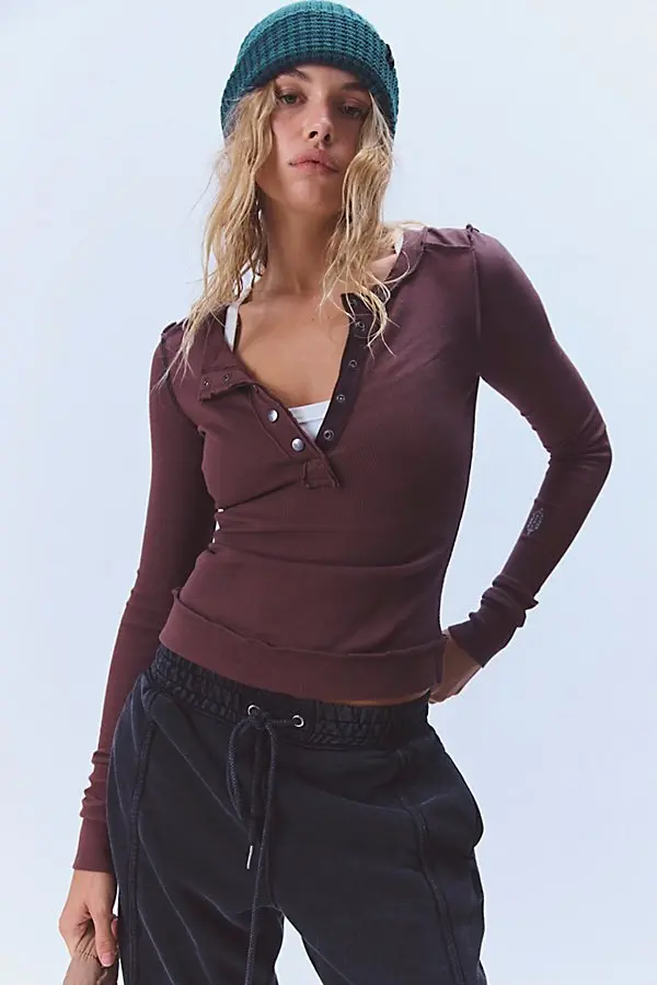 Free People Rally Rib Henley - Driftwood