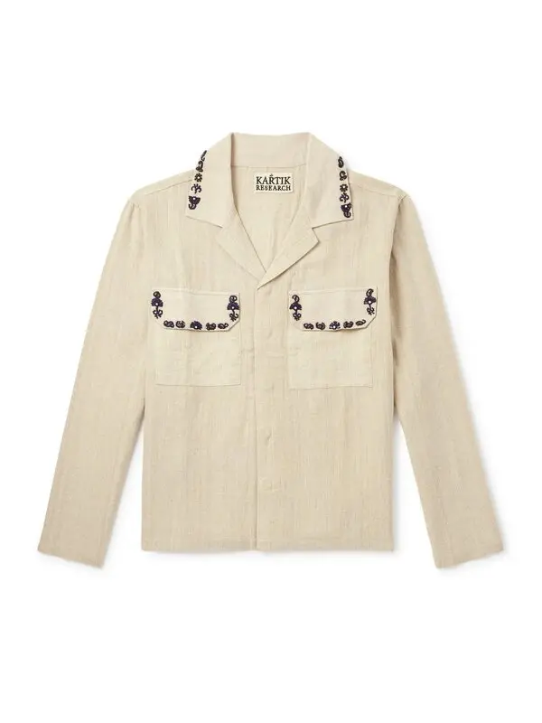 KARTIK RESEARCH Camp-collar Embellished Embroidered Cotton Shirt - Neutrals