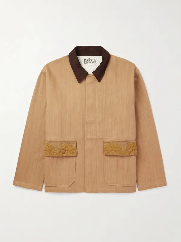 KARTIK RESEARCH Jodhpur Herringbone Cotton Jacket With Suede Trim - Brown