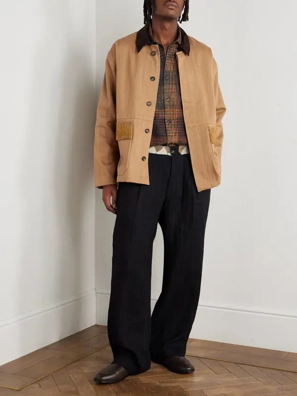 KARTIK RESEARCH Jodhpur Herringbone Cotton Jacket With Suede Trim - Brown