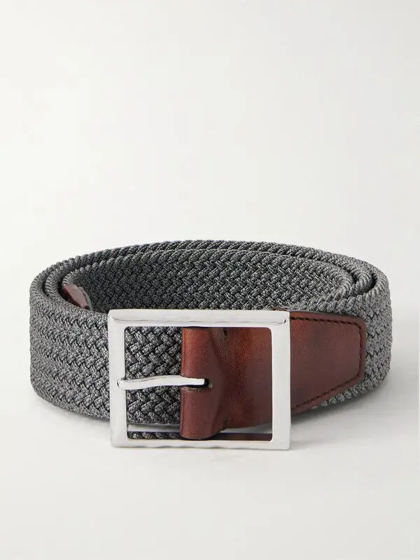 Berluti 3.5cm Leather-trimmed Woven Elastic Belt - Gray
