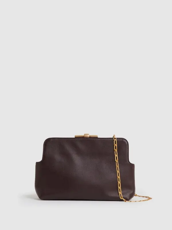 REISS Bethany Leather-effect Frame Clutch Bag - Burgundy