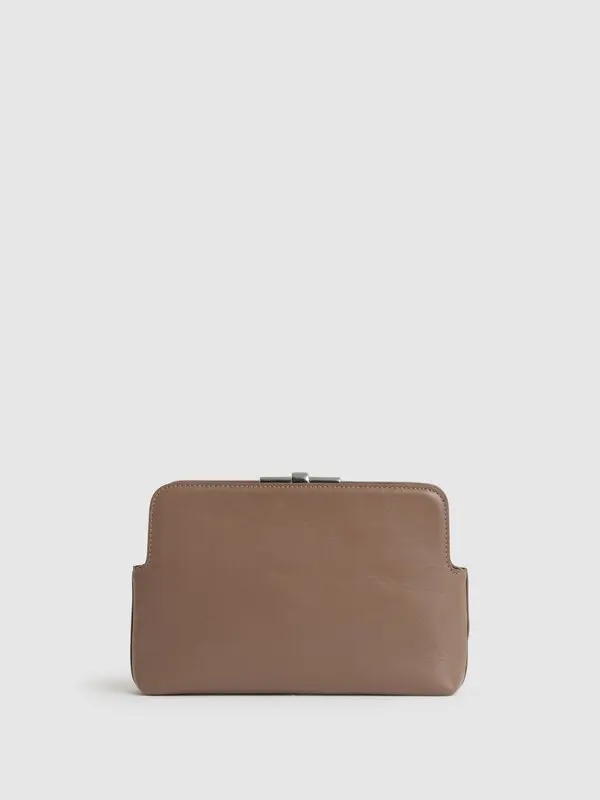 REISS Leather Frame Clutch Bag - Neutral