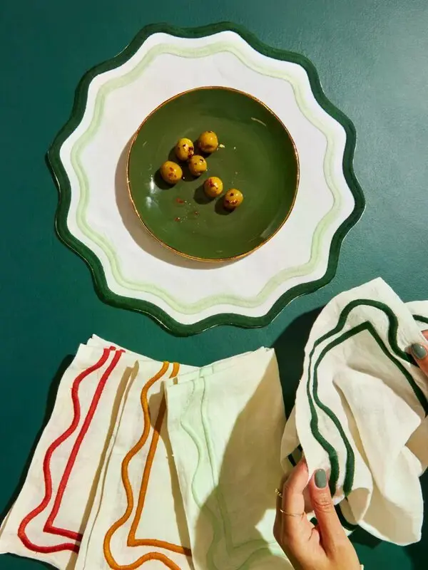 MISETTE Colorblock Embroidered Linen Placemats In Dark Green/sage - Neutrals