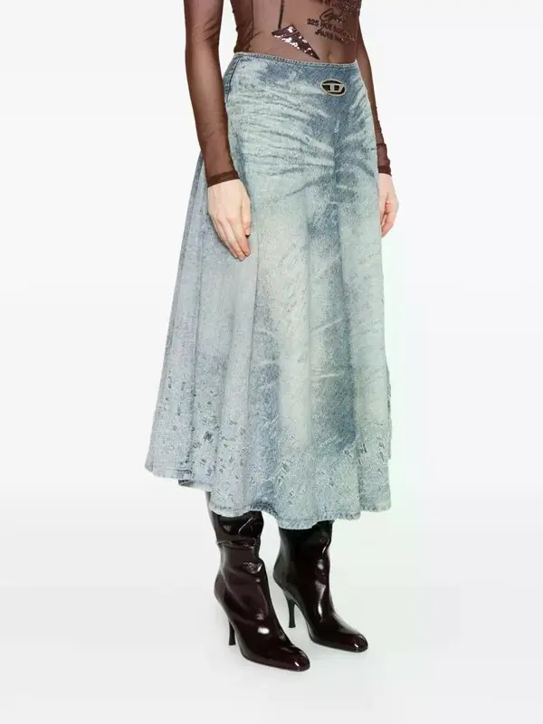 DIESEL® Acid-wash Denim Midi A-line Skirt With Logo Plaque - Blue