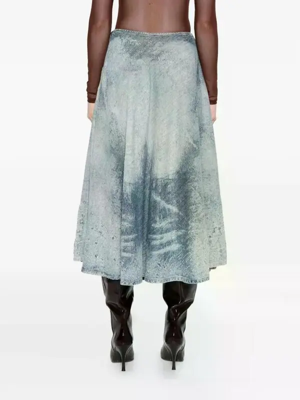 DIESEL® Acid-wash Denim Midi A-line Skirt With Logo Plaque - Blue