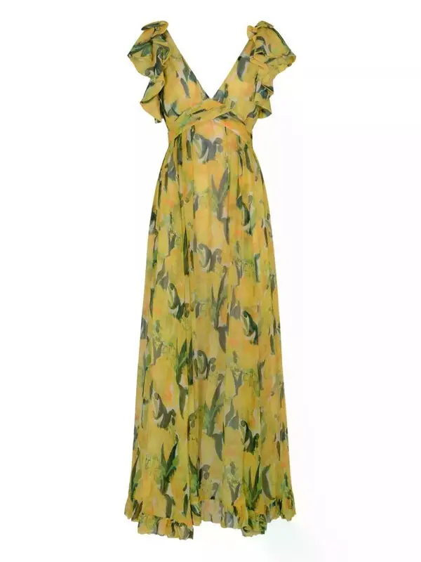 La DoubleJ Floral-print Silk Dress With Ruffle Details - Yellow