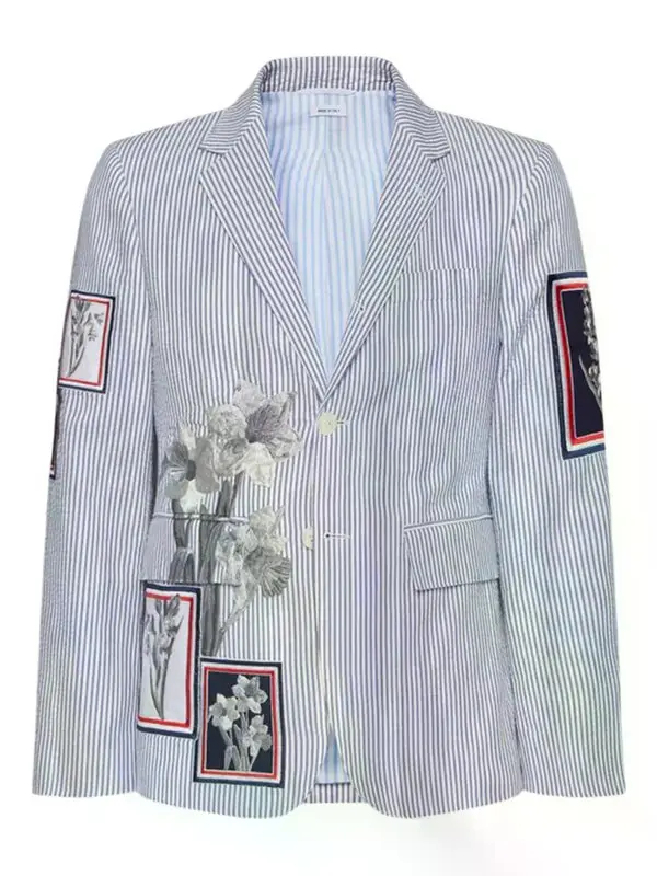 Thom Browne Striped Floral-embroidered Blazer - Blue