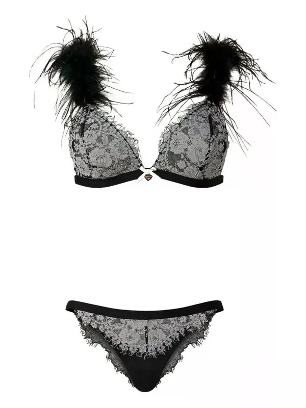 TWINSET Feather-trimmed Lace Bra Set - Black