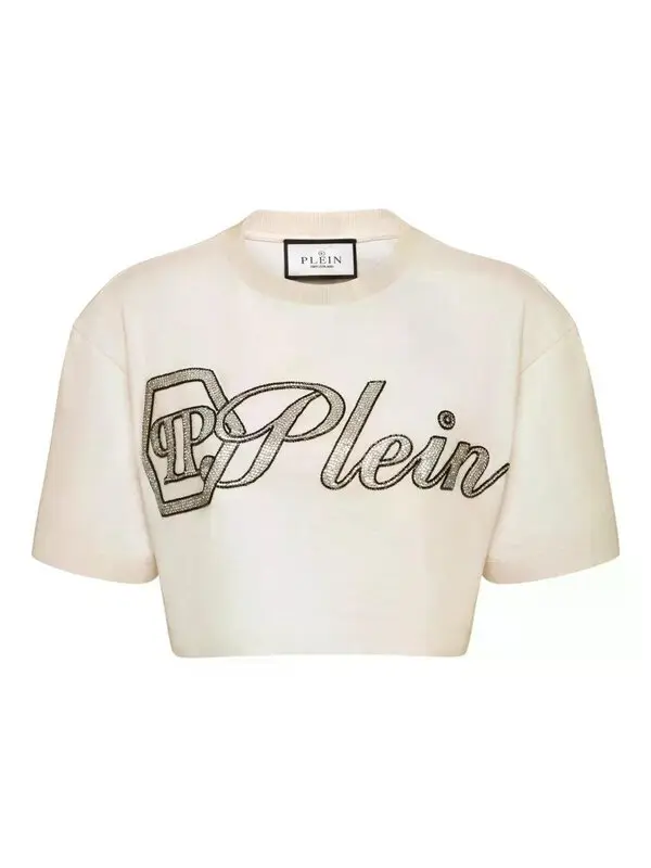 Philipp Plein Crystal Signature Cropped T-shirt - White