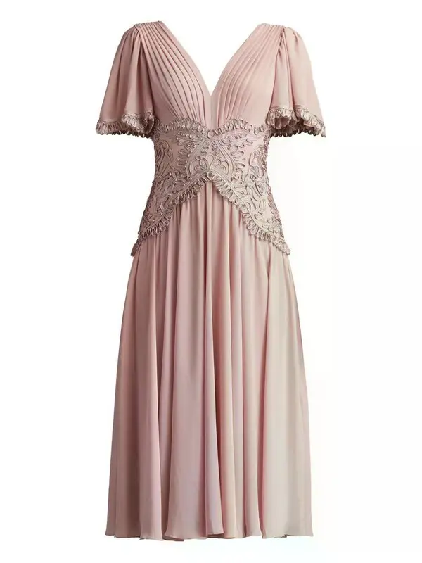 Tadashi Shoji Pleated Lace-Insert Midi Dress - Pink | Editorialist
