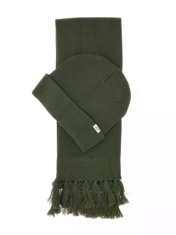 SUN 68 Ribbed Fringed-scarf Beanie Set - Green