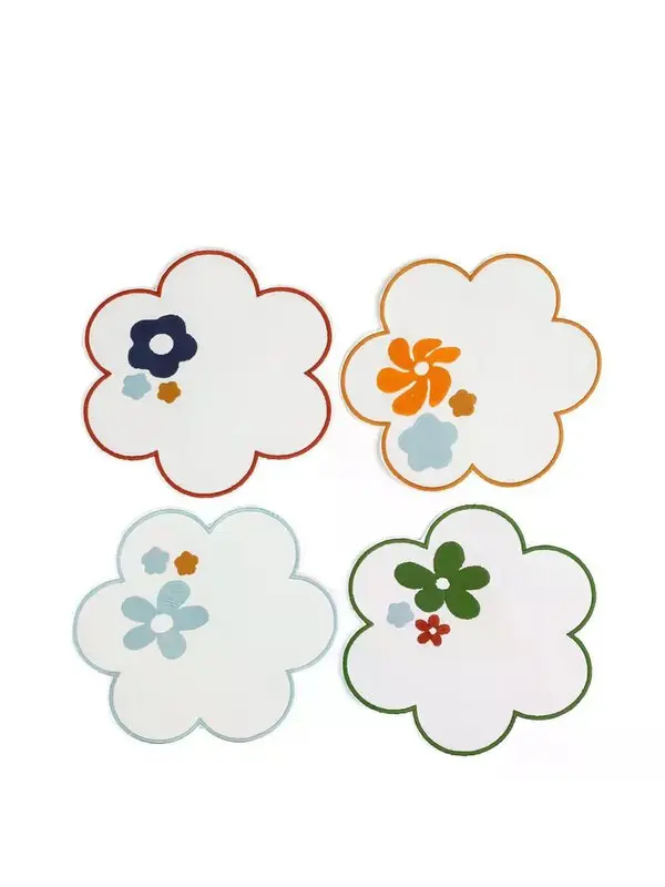 MISETTE Flower-shaped Embroidered Linen Coasters - Neutrals