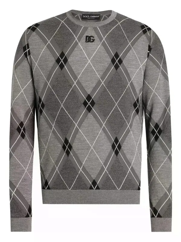 Dolce & Gabbana Argyle-pattern Logo-detail Sweater - Grey