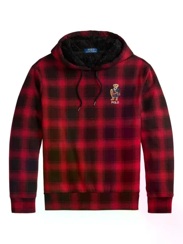 Polo Ralph Lauren Plaid Hoodie With Embroidered Bear Motif - Red