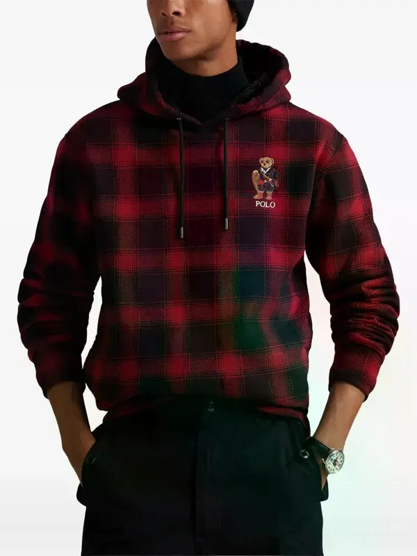 Polo Ralph Lauren Plaid Hoodie With Embroidered Bear Motif - Red