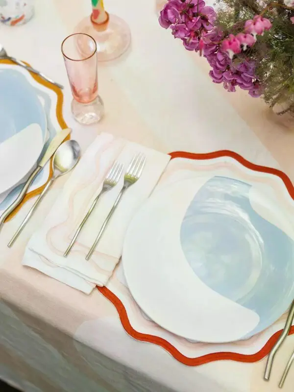 MISETTE Colorblock Embroidered Linen Placemats In Pink/rust - Neutrals