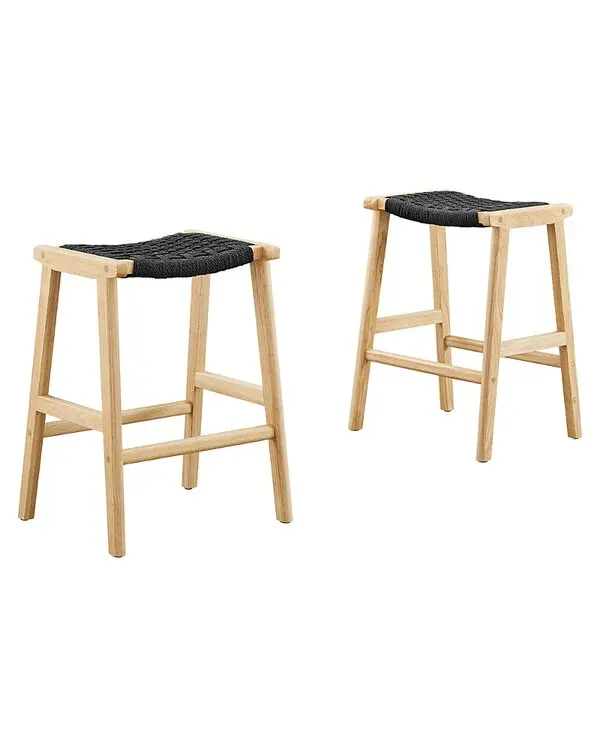 MODWAY Saoirse Woven Rope Wood Counter Stool, Set Of 2 - Natural Black