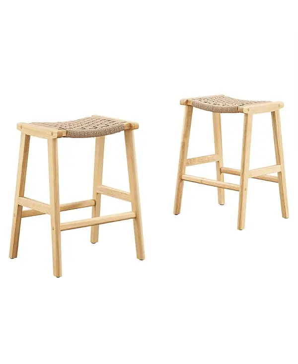 MODWAY Saoirse Woven Rope Wood Counter Stool, Set Of 2 - Natural Natural