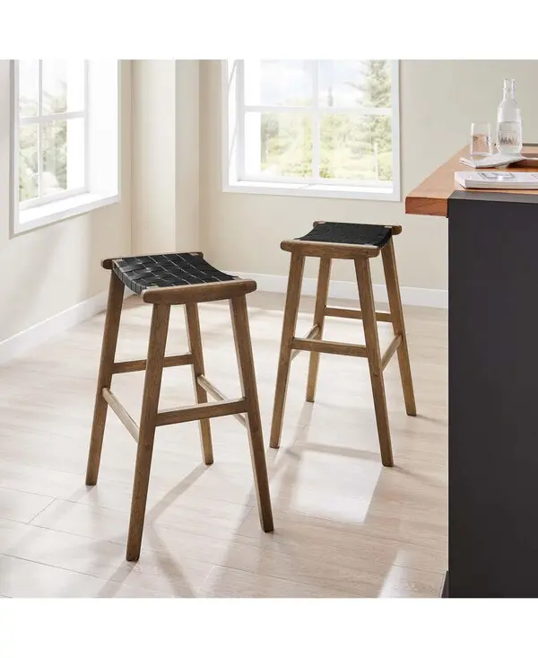 MODWAY Saoirse Leather Wood Bar Stool, Set Of 2