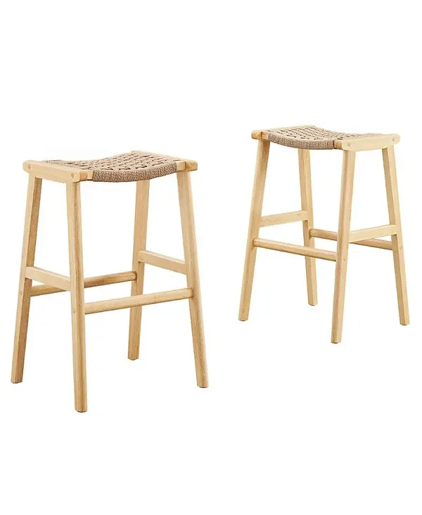 MODWAY Saoirse Woven Rope Wood Bar Stool, Set Of 2 - Natural