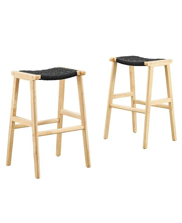 MODWAY Saoirse Woven Rope Wood Bar Stool, Set Of 2 - Natural/black
