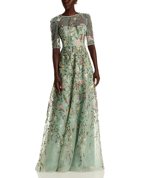 Rickie Freeman For Teri Jon Floral Embroidered Tulle Elbow Sleeve Gown
