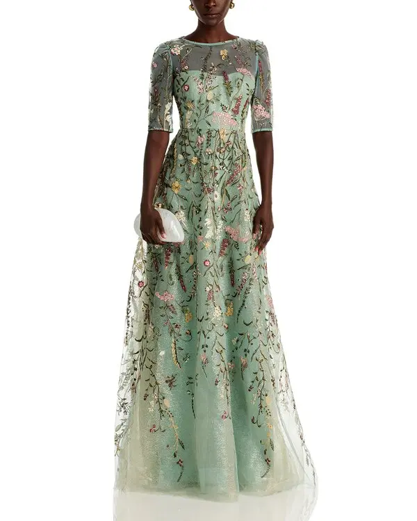 Rickie Freeman For Teri Jon Floral Embroidered Tulle Elbow Sleeve Gown