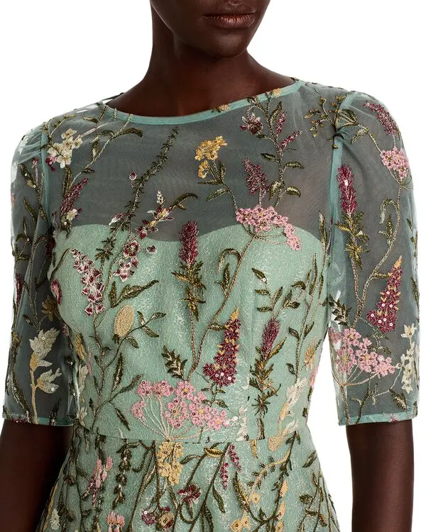 Rickie Freeman For Teri Jon Floral Embroidered Tulle Elbow Sleeve Gown