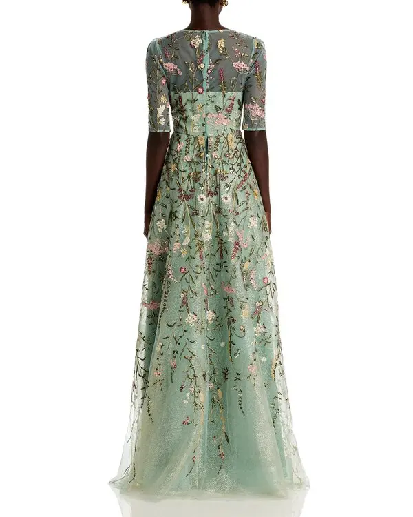 Rickie Freeman For Teri Jon Floral Embroidered Tulle Elbow Sleeve Gown