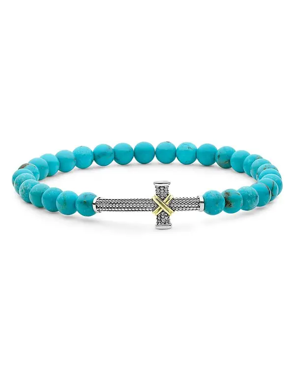 Lagos Two-tone Caviar Cross Turquoise Stretch Bracelet - Blue