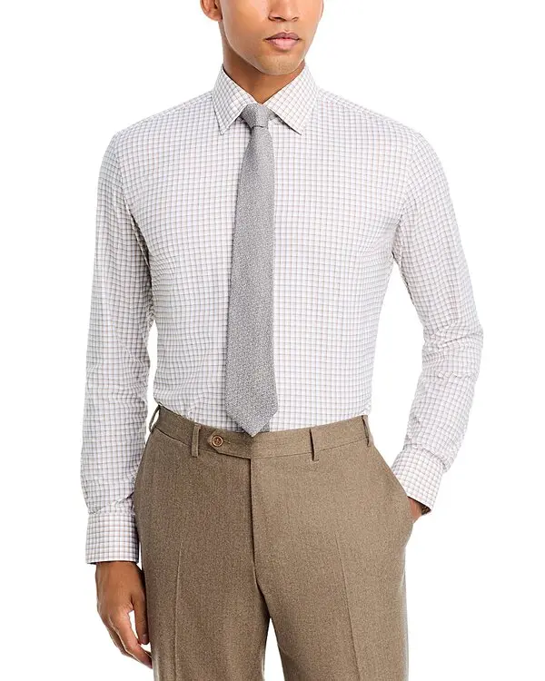 BOSS Performance Stretch Check Slim Fit Dress Shirt - Medium Beige