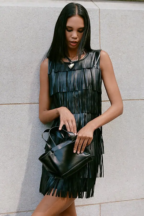 Siempre Faux Leather Fringe Shift Dress In Black - 85% Off | Editorialist