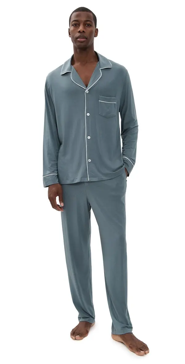 Eberjey William Long Pajama Set - Stone Blue/ivory