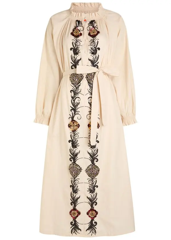 La DoubleJ Embroidered Cerere Cotton-poplin Midi Shirt Dress - Multicoloured