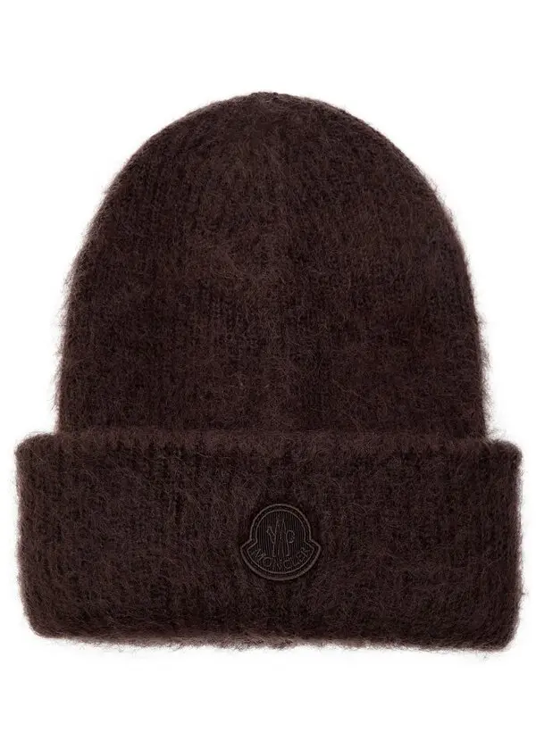 Moncler Logo Mohair-blend Beanie - Brown Dark