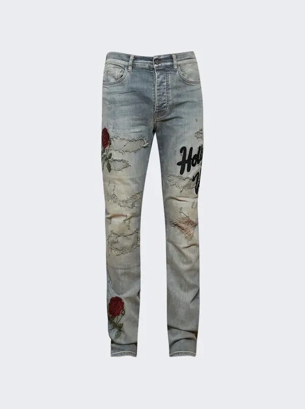 Amiri Floral Sequin Repaired Slim Jean Antique Indigo - Blue