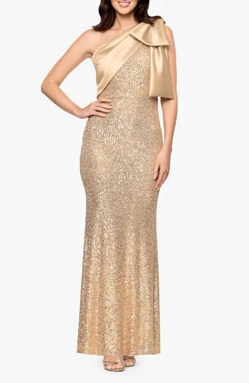 Betsy & Adam Sequin Bow One-shoulder Column Gown - Champagne