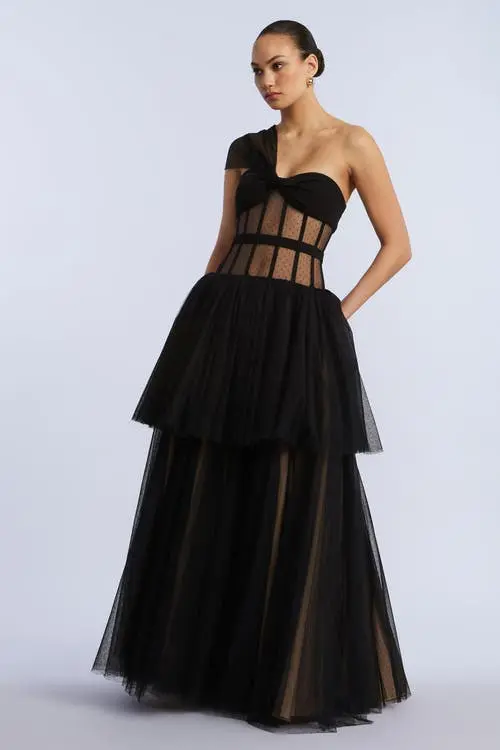 Bcbgmaxazria Dotted Tulle One-shoulder Gown